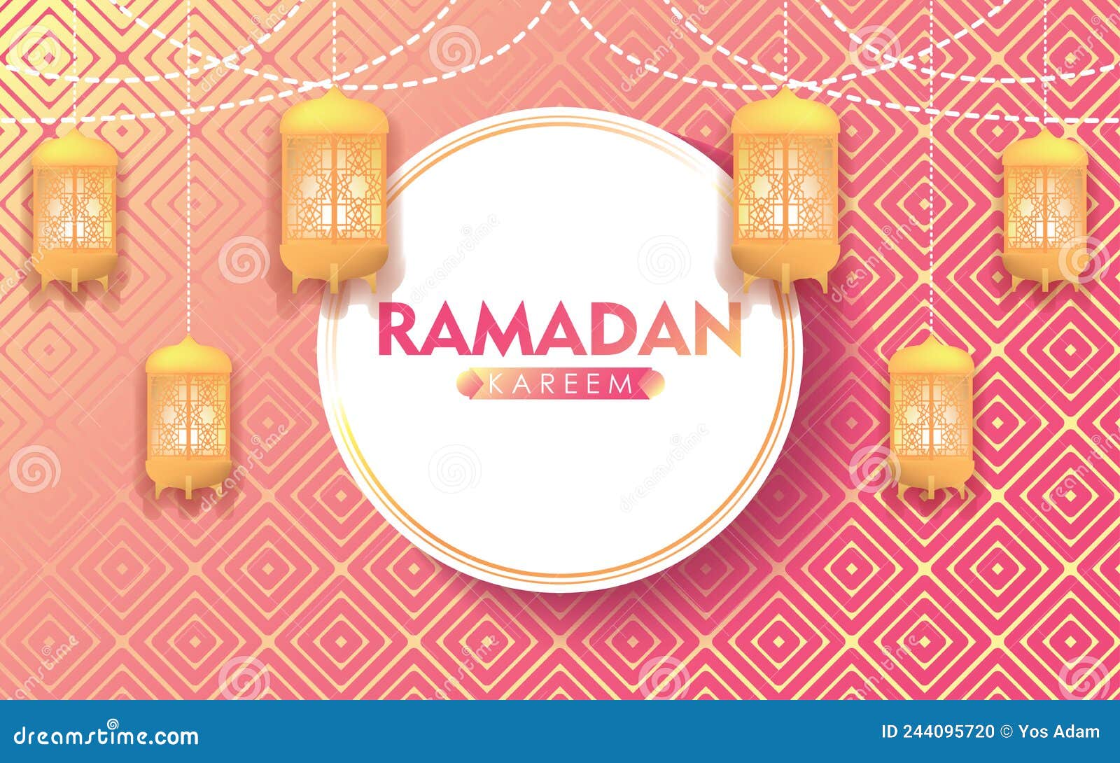 Ramadan Kareem Greeting with Gold Lanterns on White and Pink Pattern ...