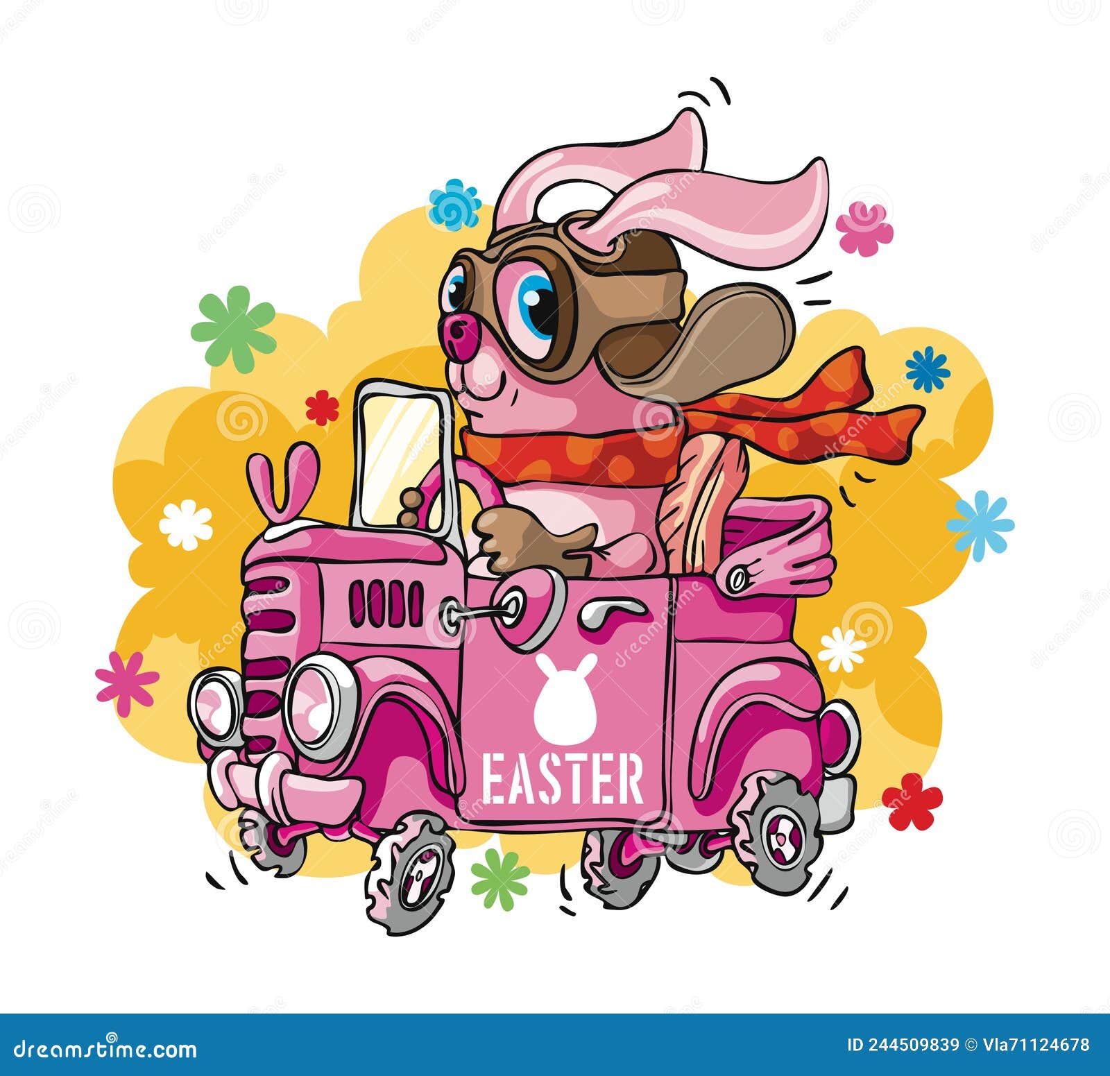 Easter Bunny Driving Pink Car with Spring Flowers Stock Vector ...