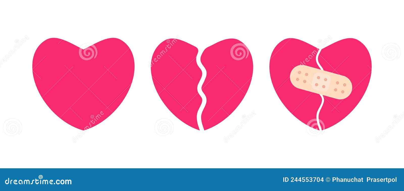 Set of Cartoon Heart, Broken Heart and Crack Fixed with Bandage. Simple ...