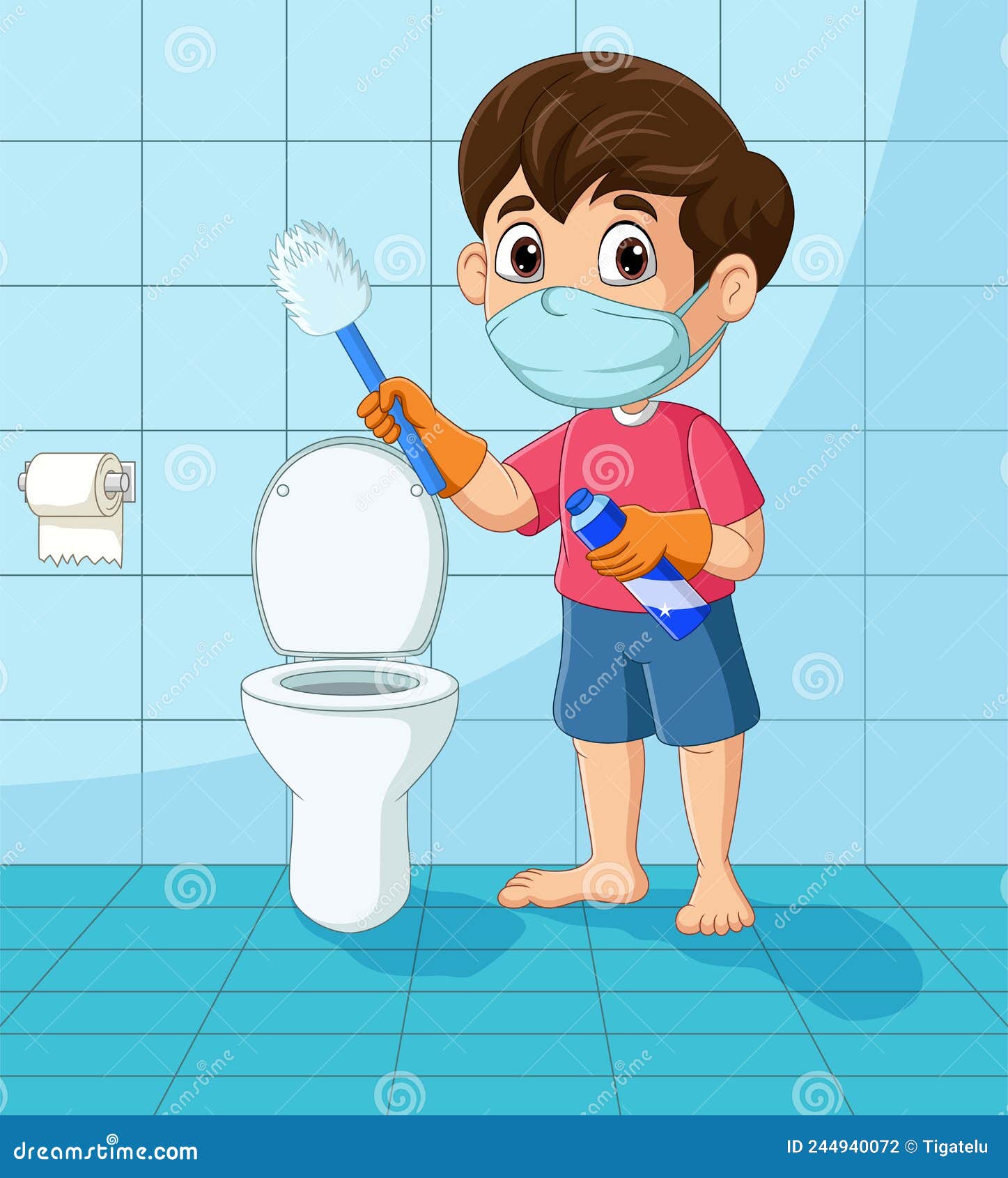 Cartoon Little Boy Cleaning the Bathroom Stock Vector - Illustration of ...