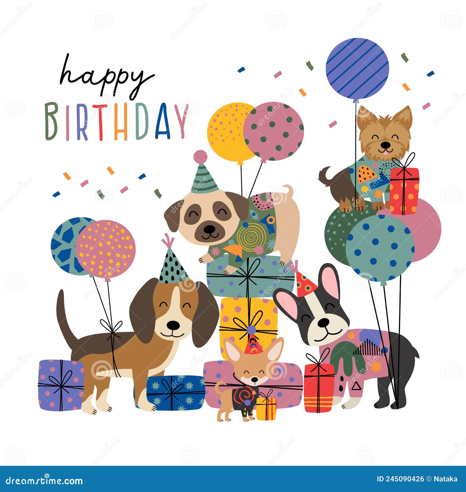 Birthday Card with Cute Funny Dogs and Gifts Stock Vector ...