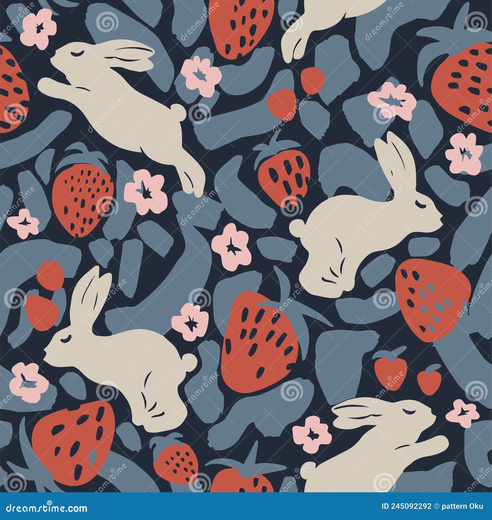 Vector Retro Colored Rabbit and Strawberry Flower Illustration Seamless ...