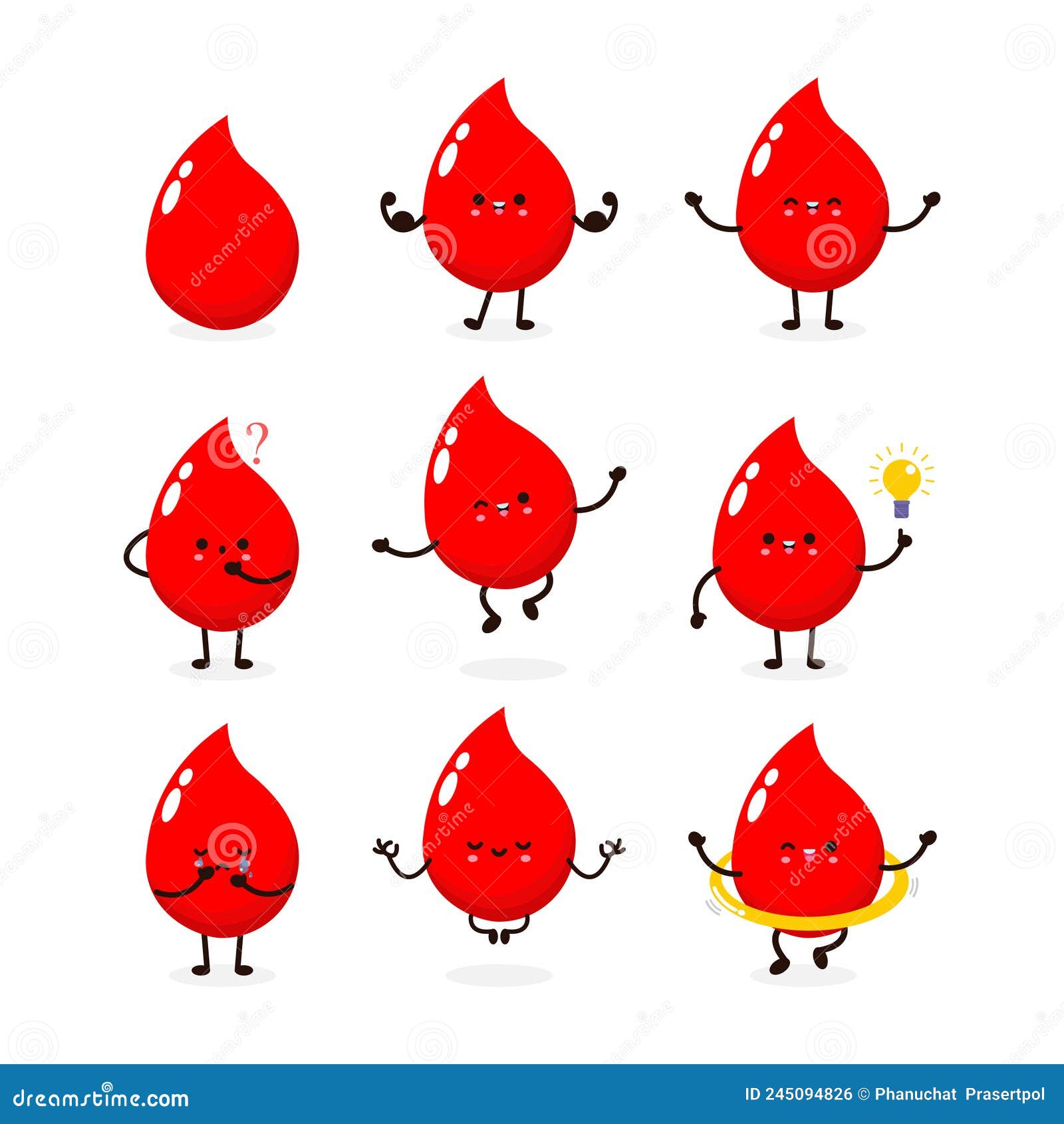 Set of Collection Funny Cartoon Cute Happy Blood Drop, World Blood ...