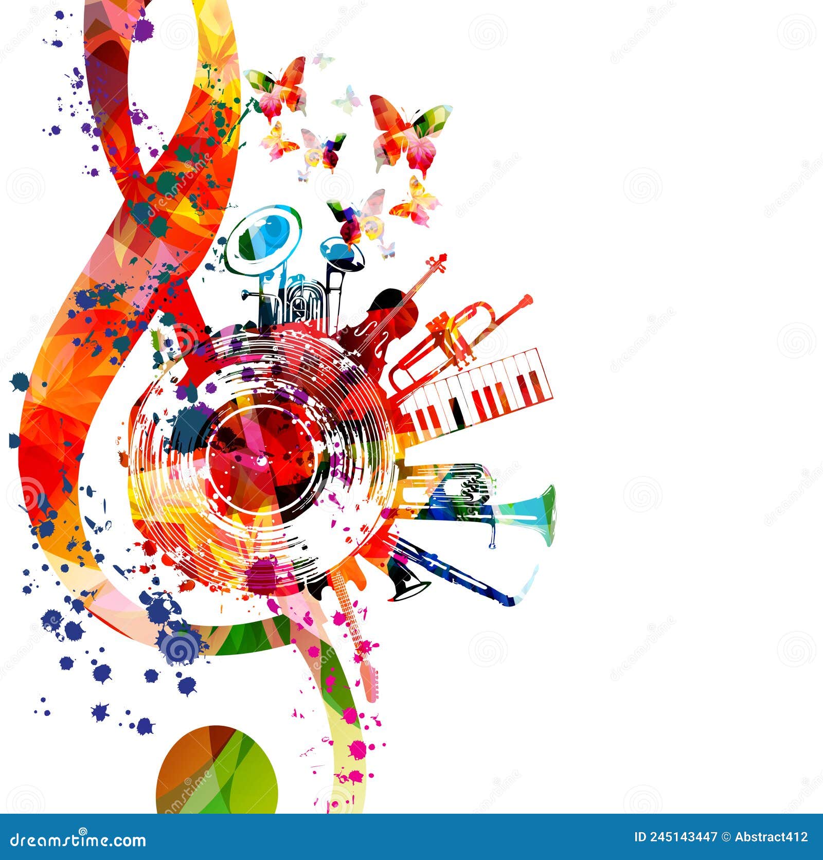 Colorful Musical Poster with G-clef, LP Vinyl Record Disc and Musical ...