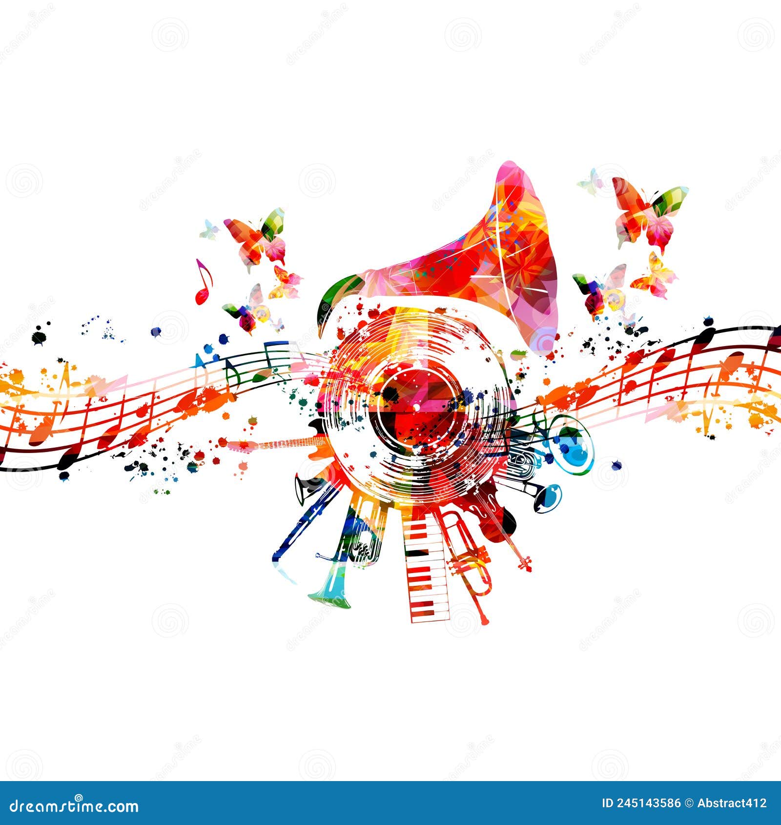 Colorful Musical Poster with Gramophone Horn and LP Vinyl Record Vector ...