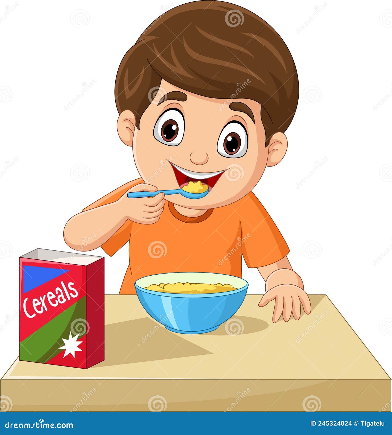 Cartoon Little Boy Having Breakfast Cereals Stock Vector - Illustration ...