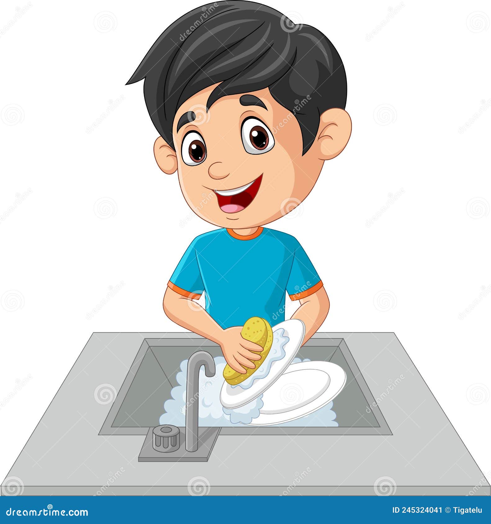 Cartoon Little Boy Washing the Dishes Stock Vector - Illustration of ...