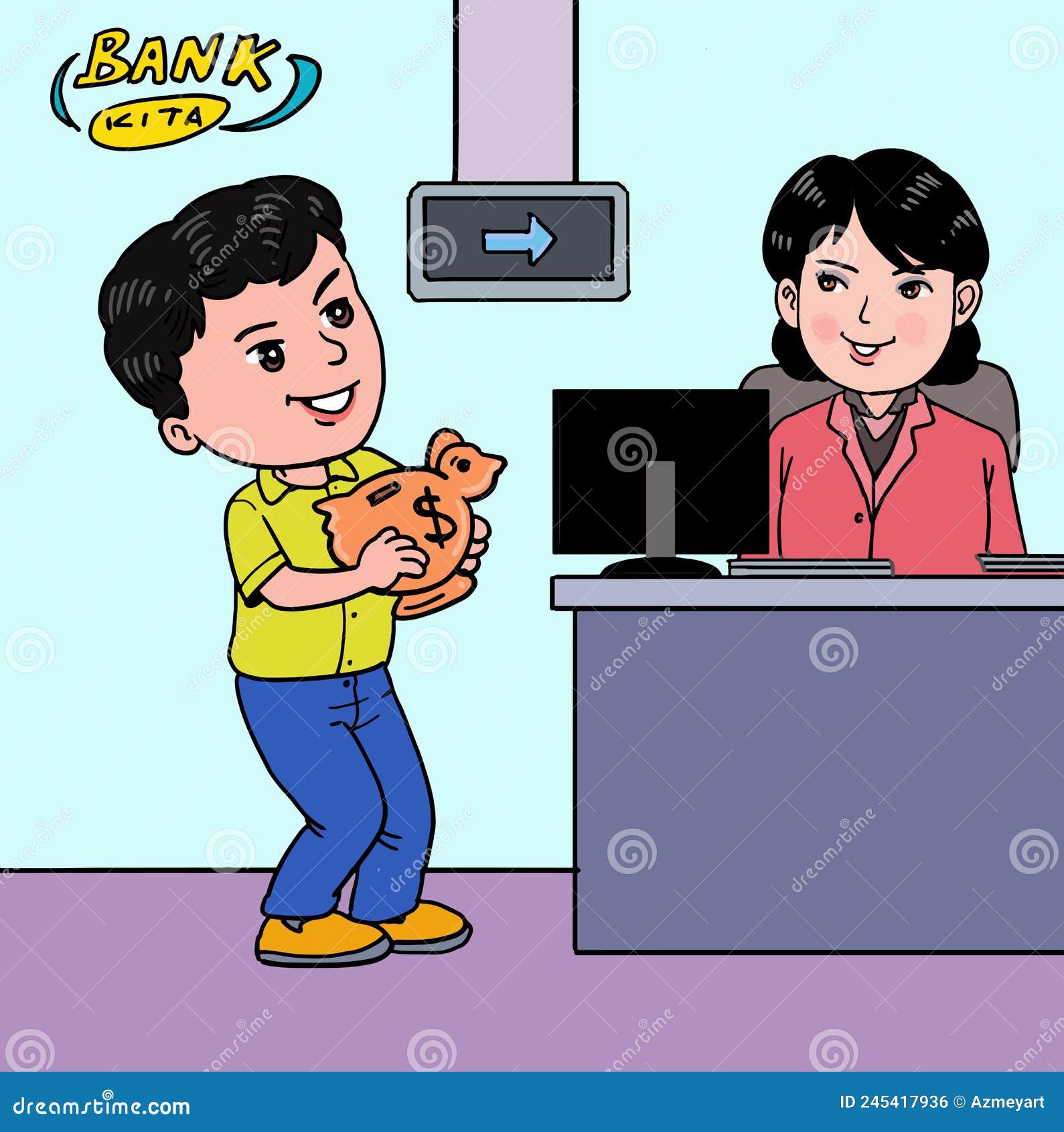 A Boy Goes To the Bank To Save Money. Stock Vector - Illustration of ...