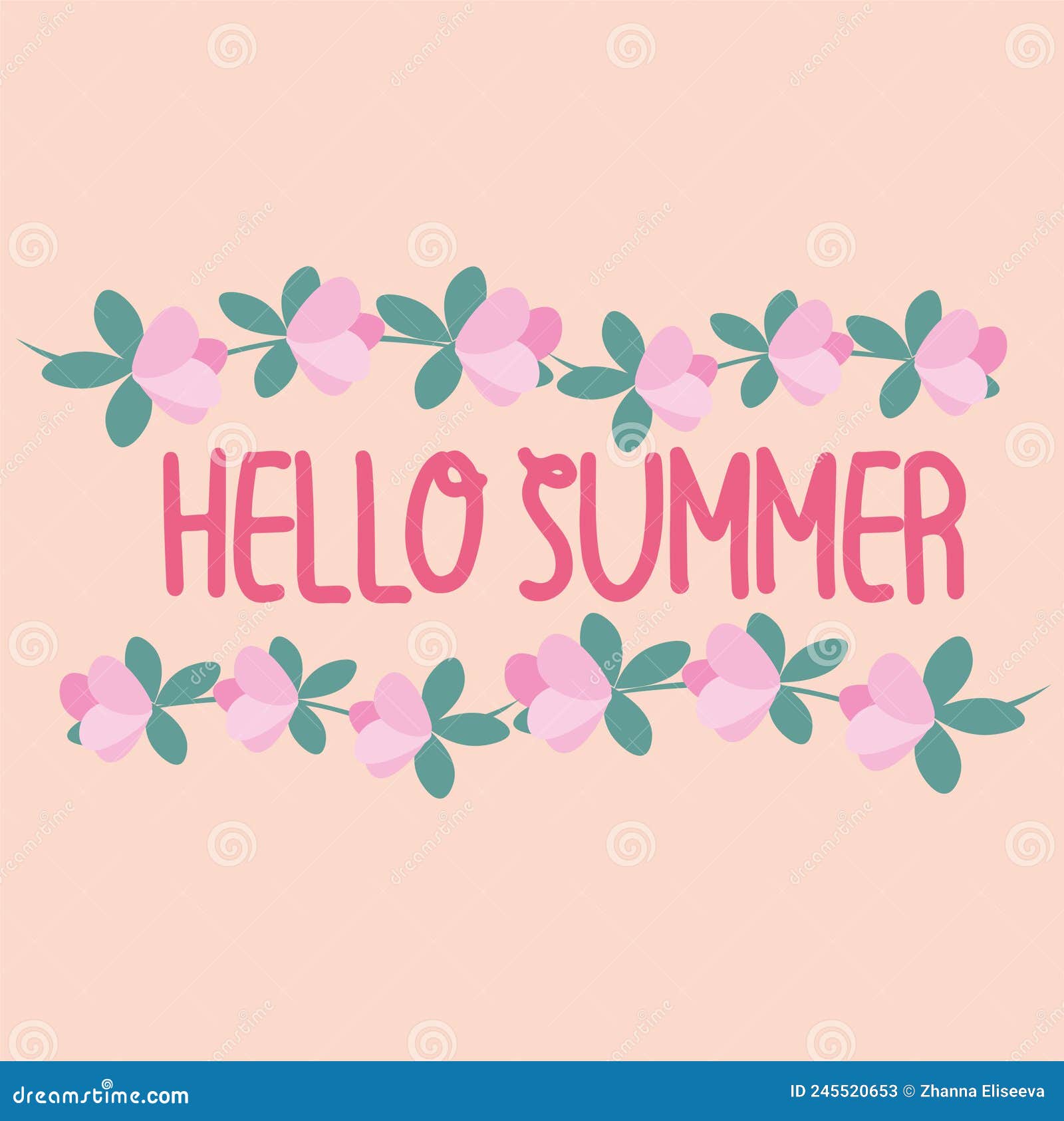 Hello Summer. Floral Card with Pink Lettering Stock Illustration ...