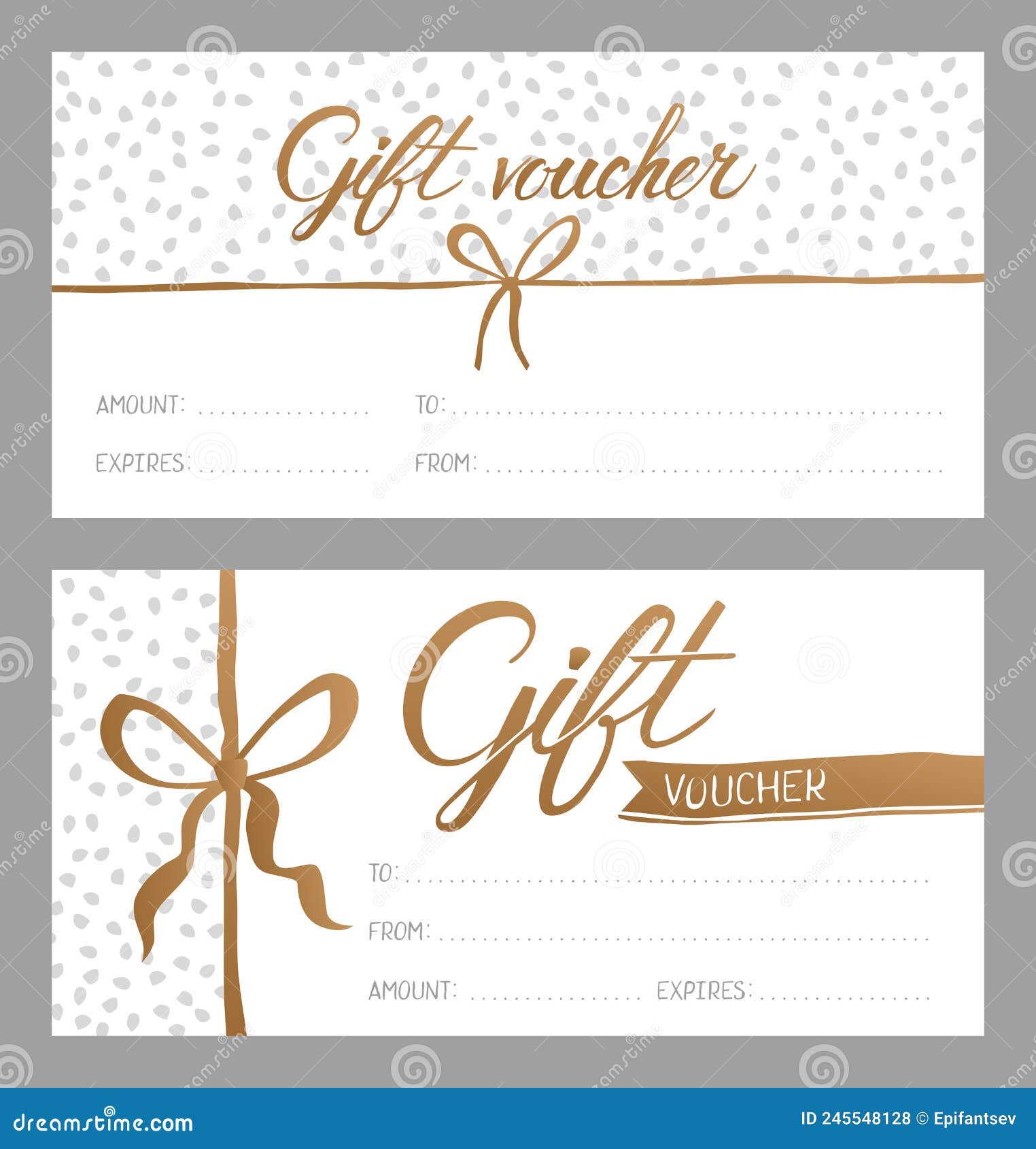 Hand Drawn Gift Vouchers Templates with Bow Ribbons in Gold. Stock ...