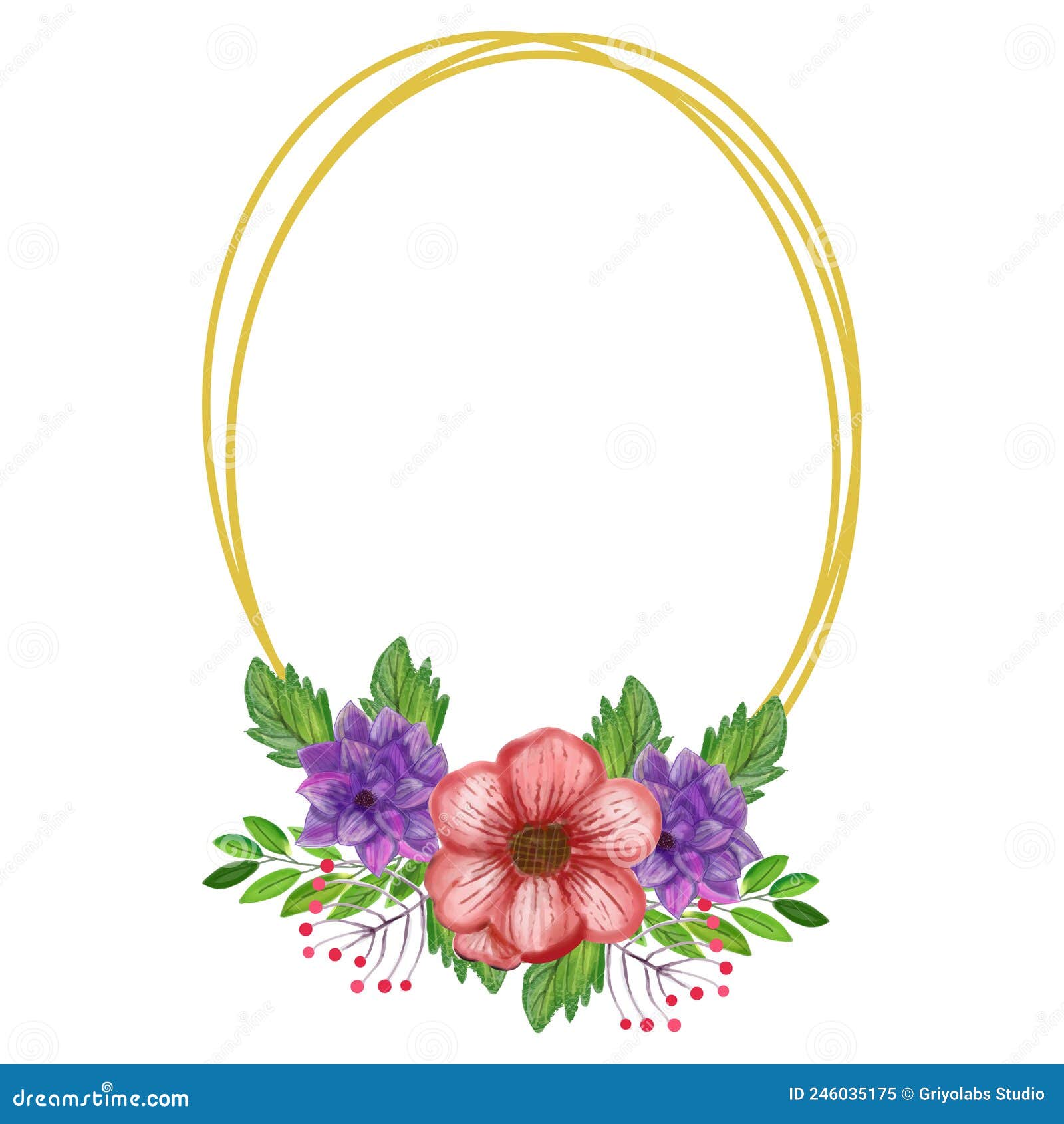 Ellips Frame Golden on Watercolor Flowers Stock Image - Image of ...