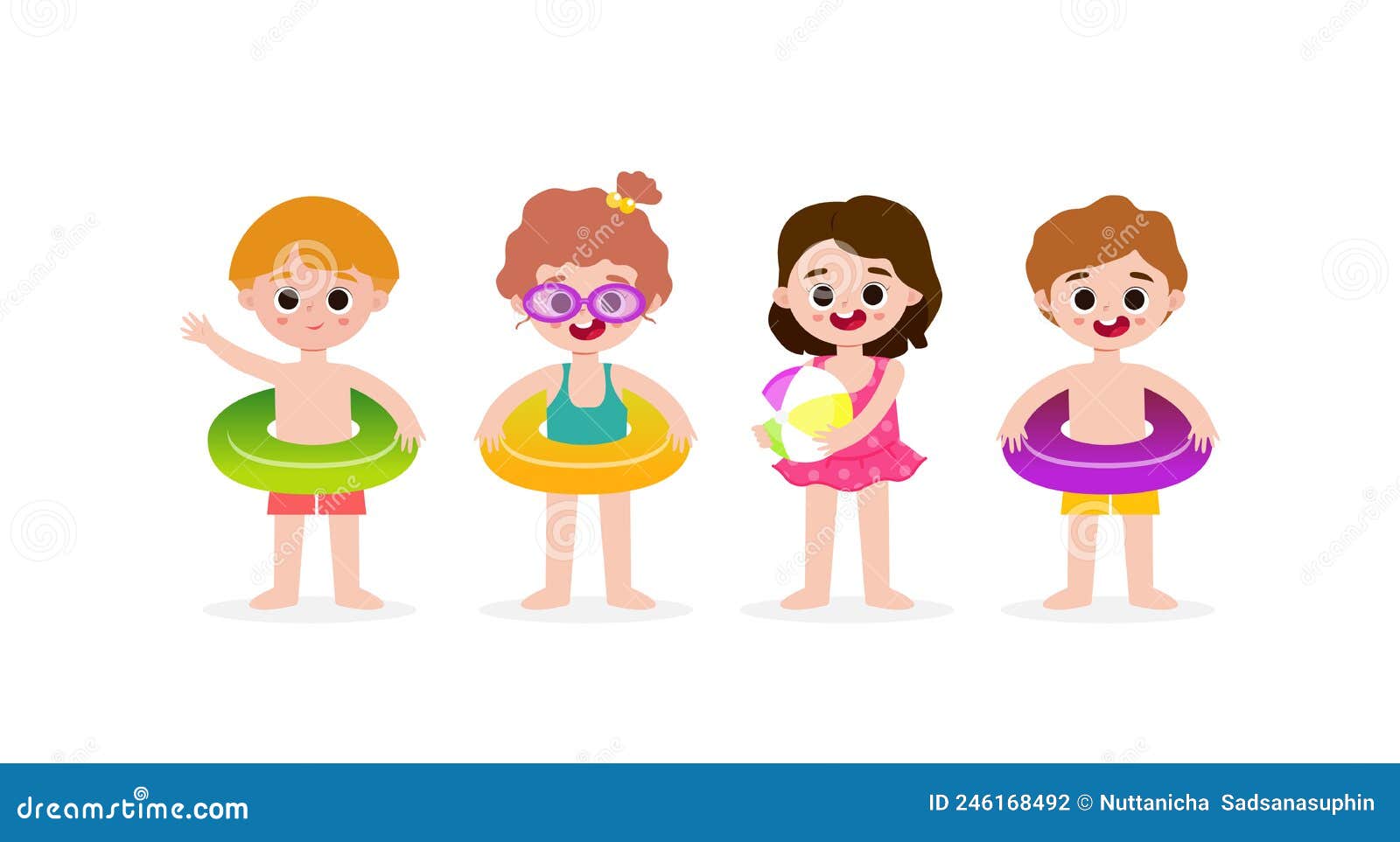 Set of Cute Kids Cartoon Pool Party Characters, Multiracial Children ...