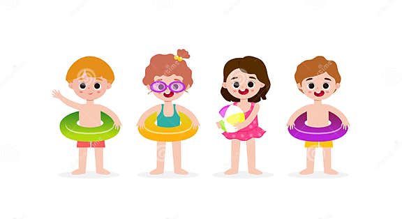 Set of Cute Kids Cartoon Pool Party Characters, Multiracial Children ...