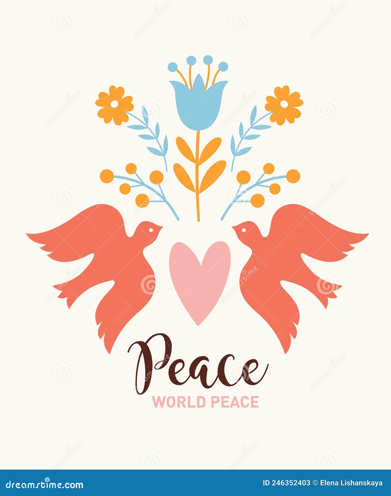 Two Flying Bird, Heart and Flowers. Symbols of Peace Stock Vector ...