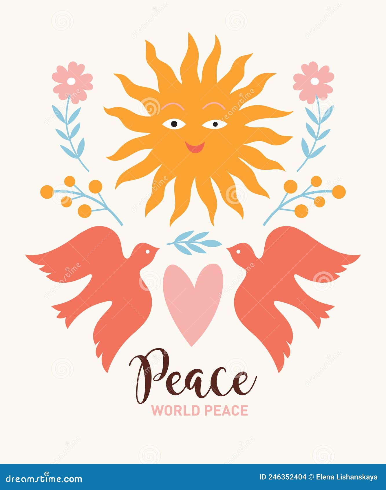 Two Flying Bird, Heart and Sun. Symbols of Peace and Goodness Stock ...