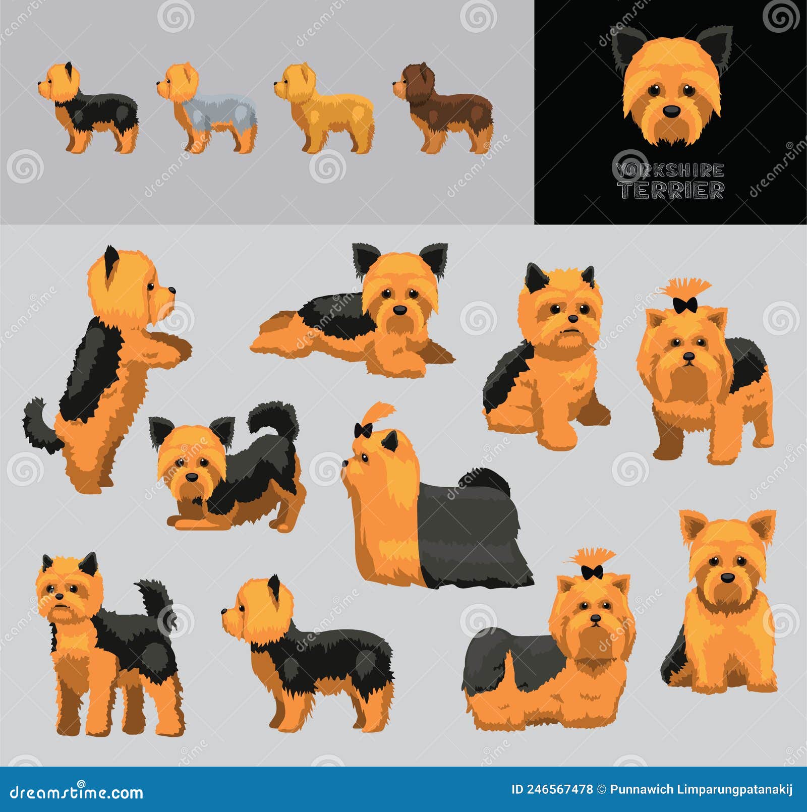 Dog Yorkshire Terrier Cartoon Vector Illustration Color Variation Set ...
