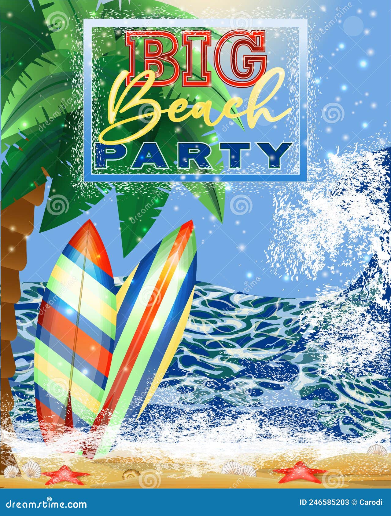 Big Beach Party Invitation Card with Surfboards, Palm Tree and Ship ...