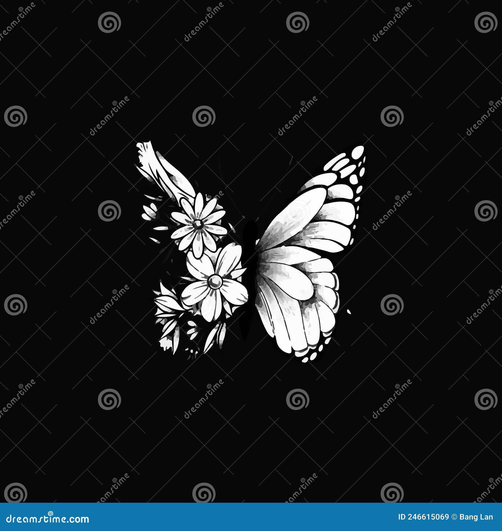 Sketch Illustration of a Butterfly Drawing with Half-wings of Black and ...