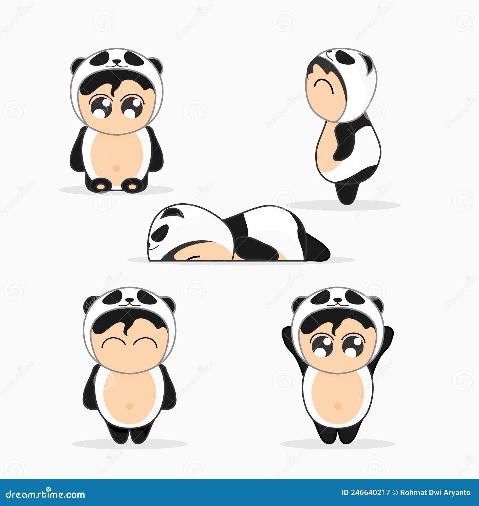 Cute Character People In Poses With Panda Costume Cartoon Style ...