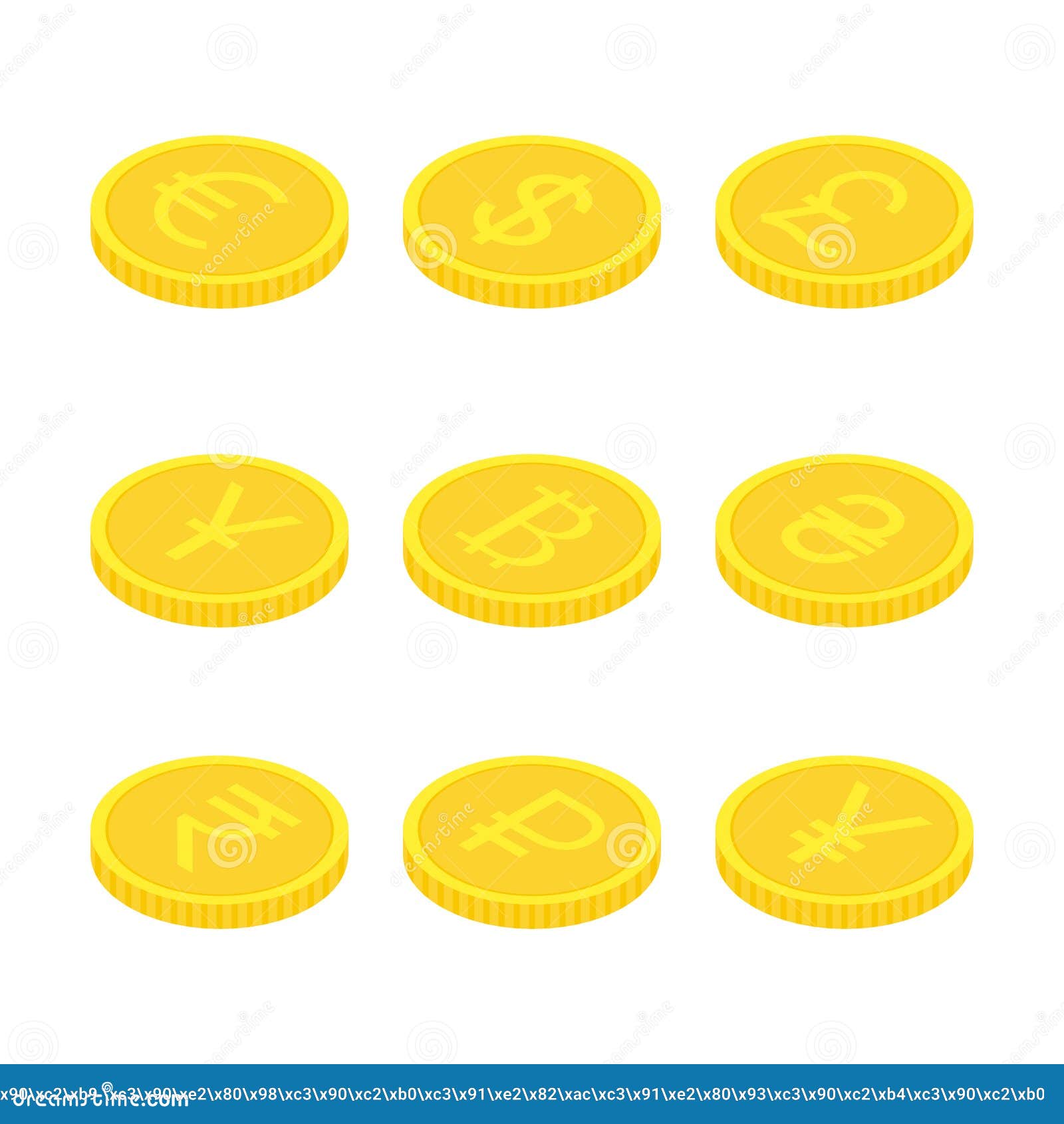Set of Golden Various Coins. Currencies Symbols in Isometric Style ...