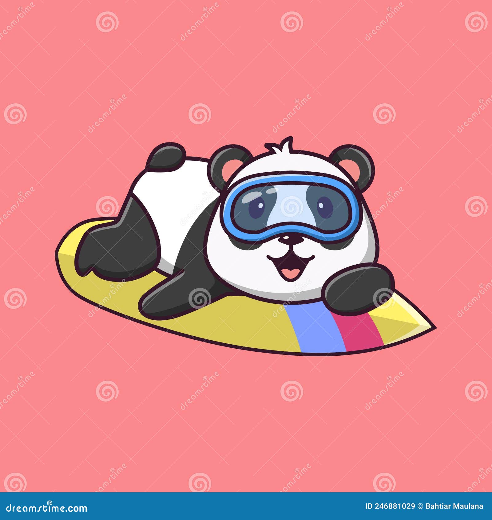 Cartoon Panda Lying on the Surfboard, Cute Cartoon Panda at Summer ...