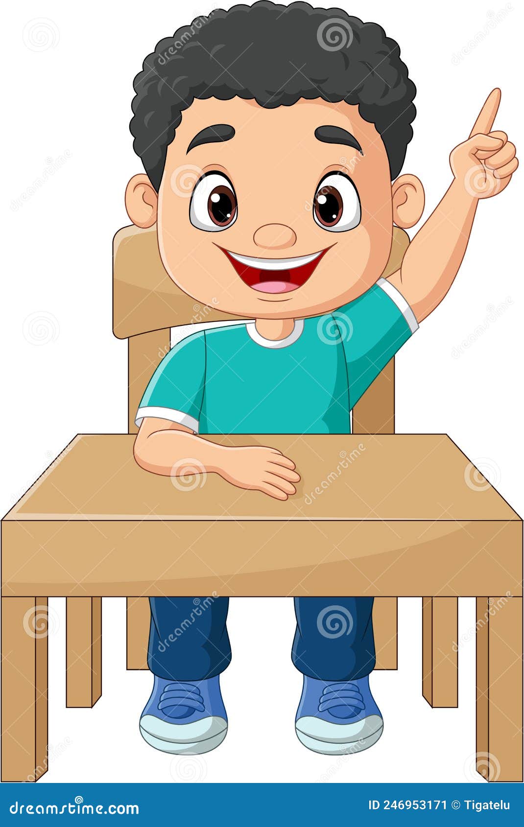 Cartoon Little Boy Sitting on Table with Pointing Up Stock Vector ...