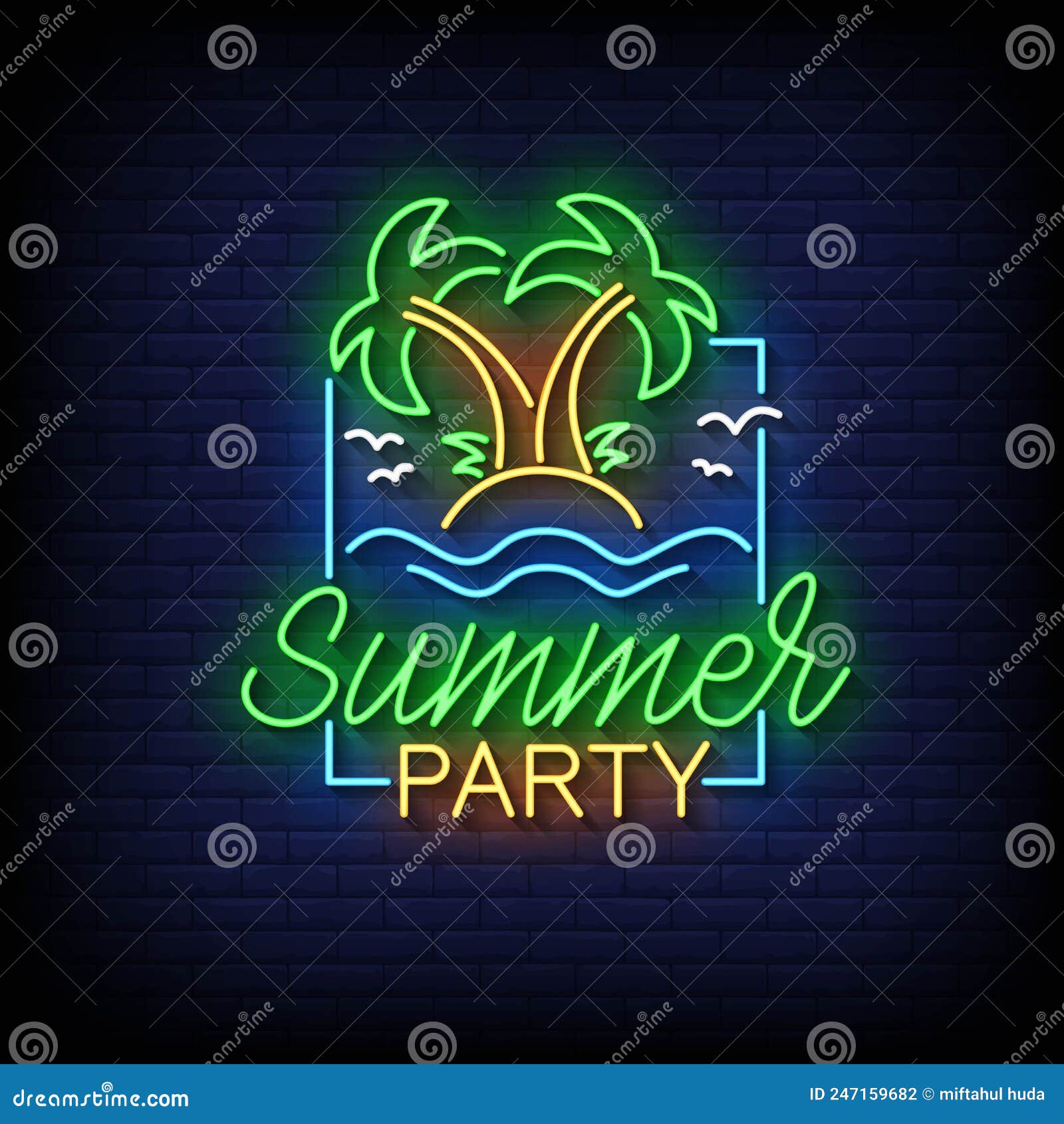 Summer Party Neon Sign on Brick Wall Background Vector Stock Vector ...