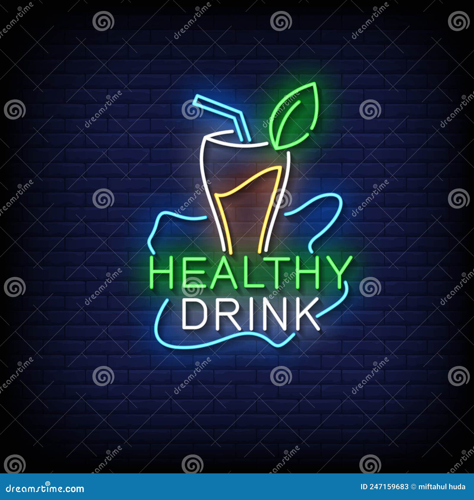 Healthy Drink Neon Sign on Brick Wall Background Vector Stock Vector ...