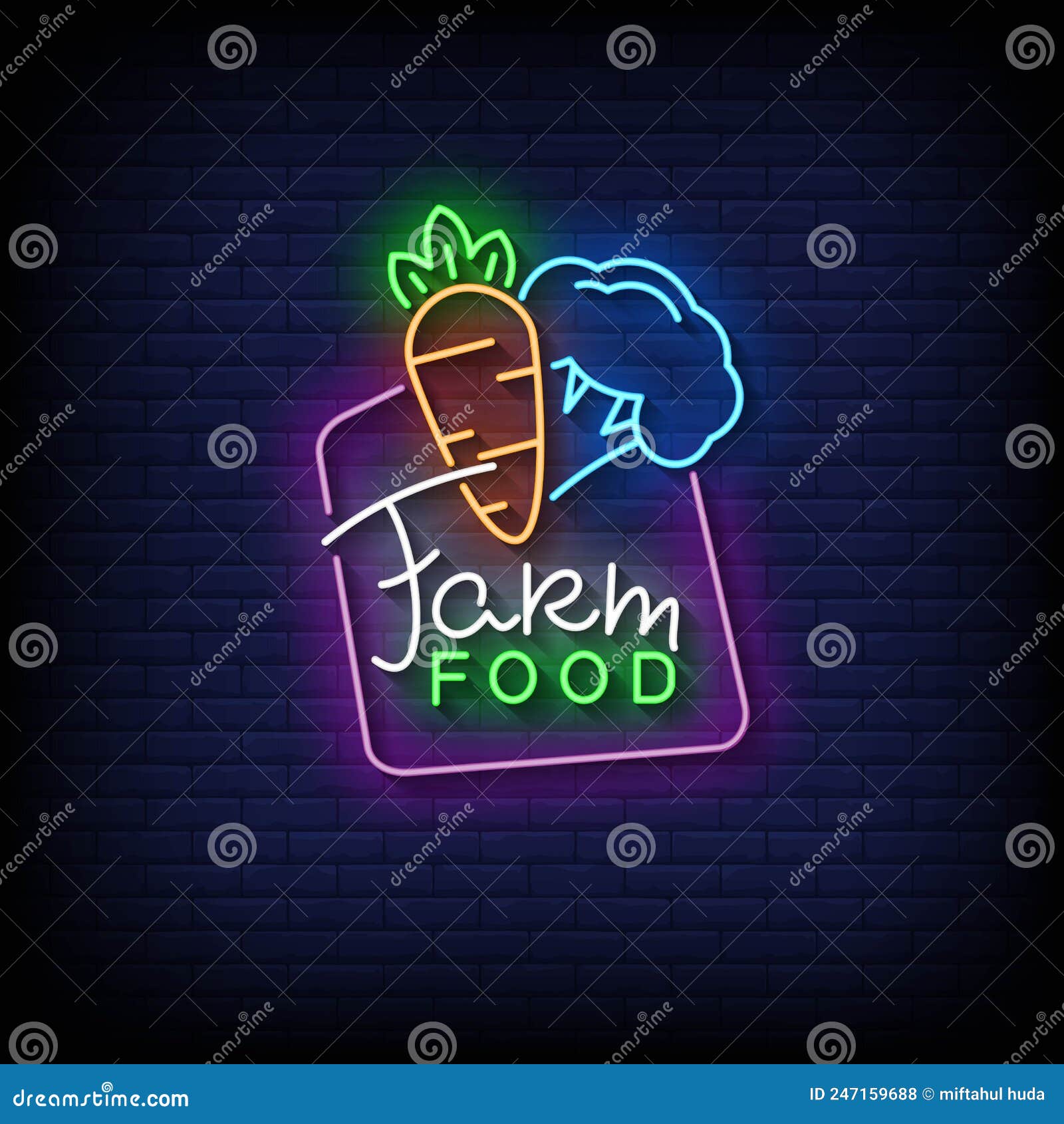 Farm Food Neon Sign on Brick Wall Background Vector Stock Vector ...