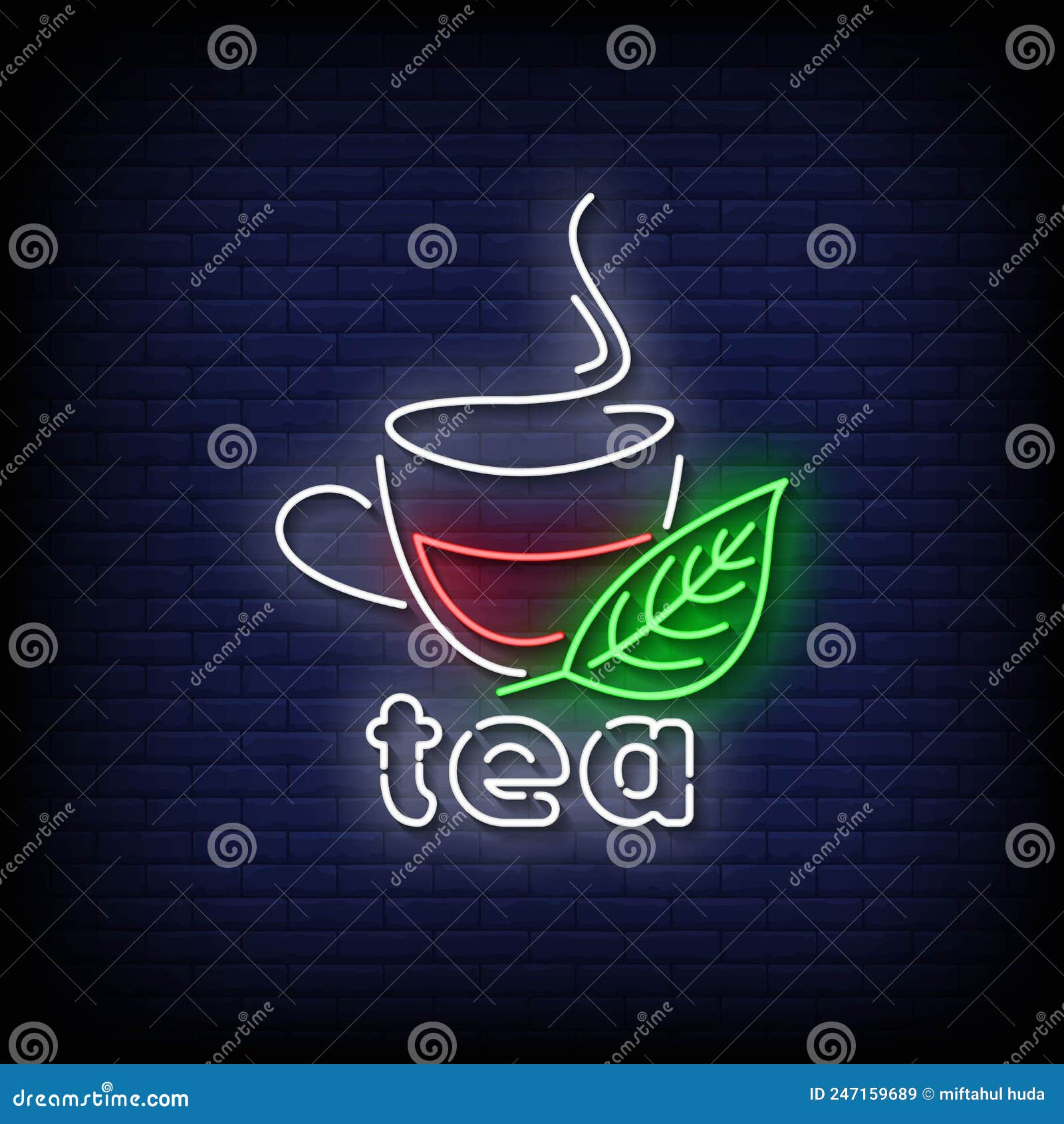 Tea Neon Sign on Brick Wall Background Vector Stock Vector ...