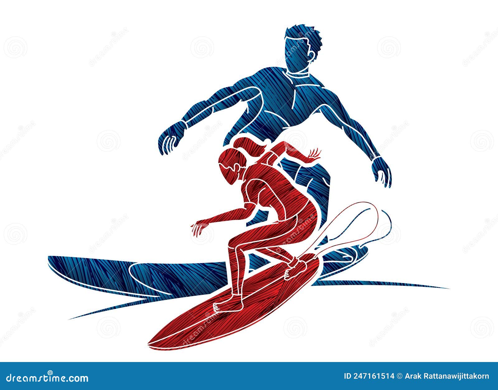 Group of Surfer Action People Surfing Sport Players Cartoon Graphic ...
