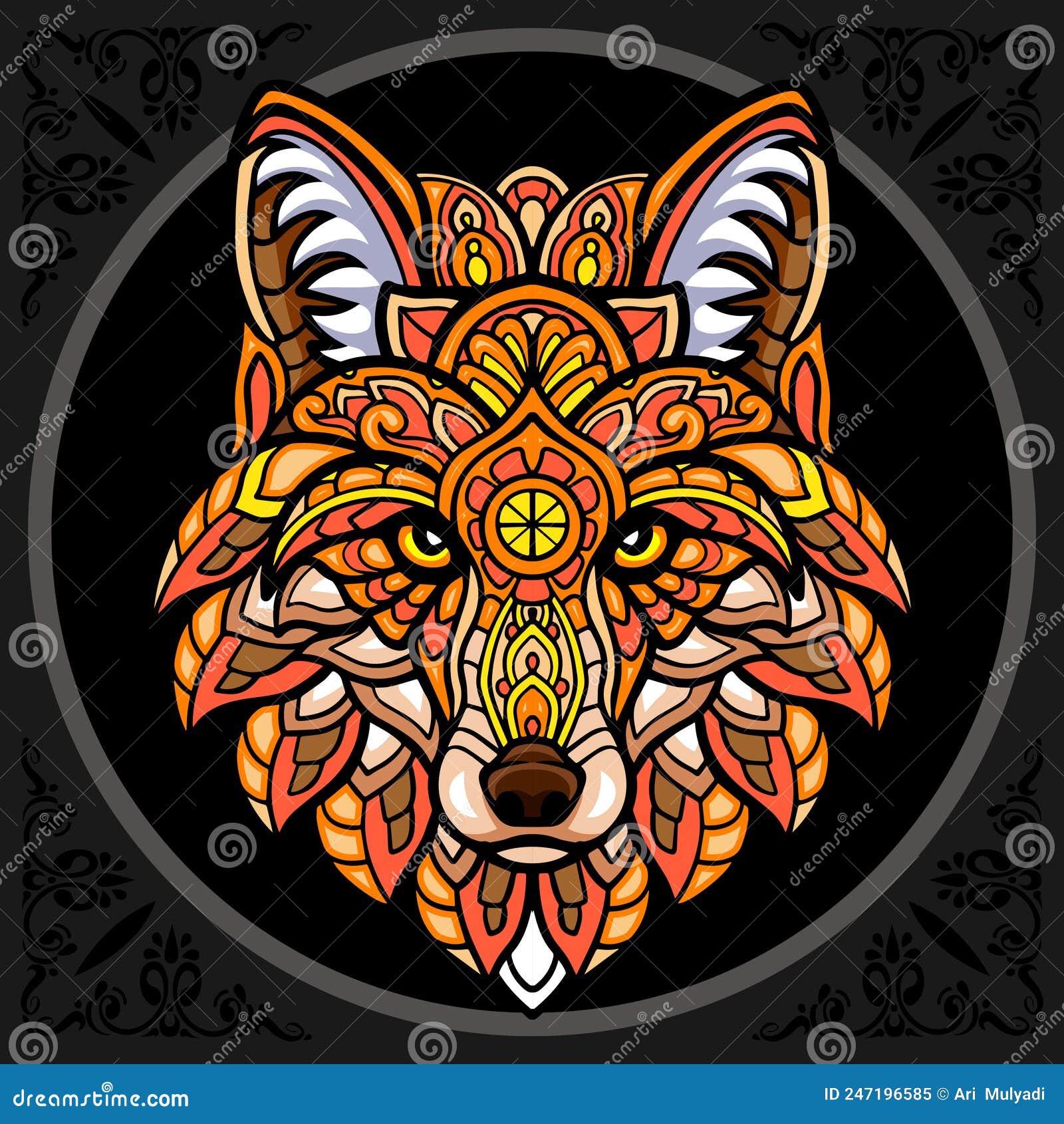 Colorful Fox Head Zentangle Arts, Isolated on Black Background Stock ...