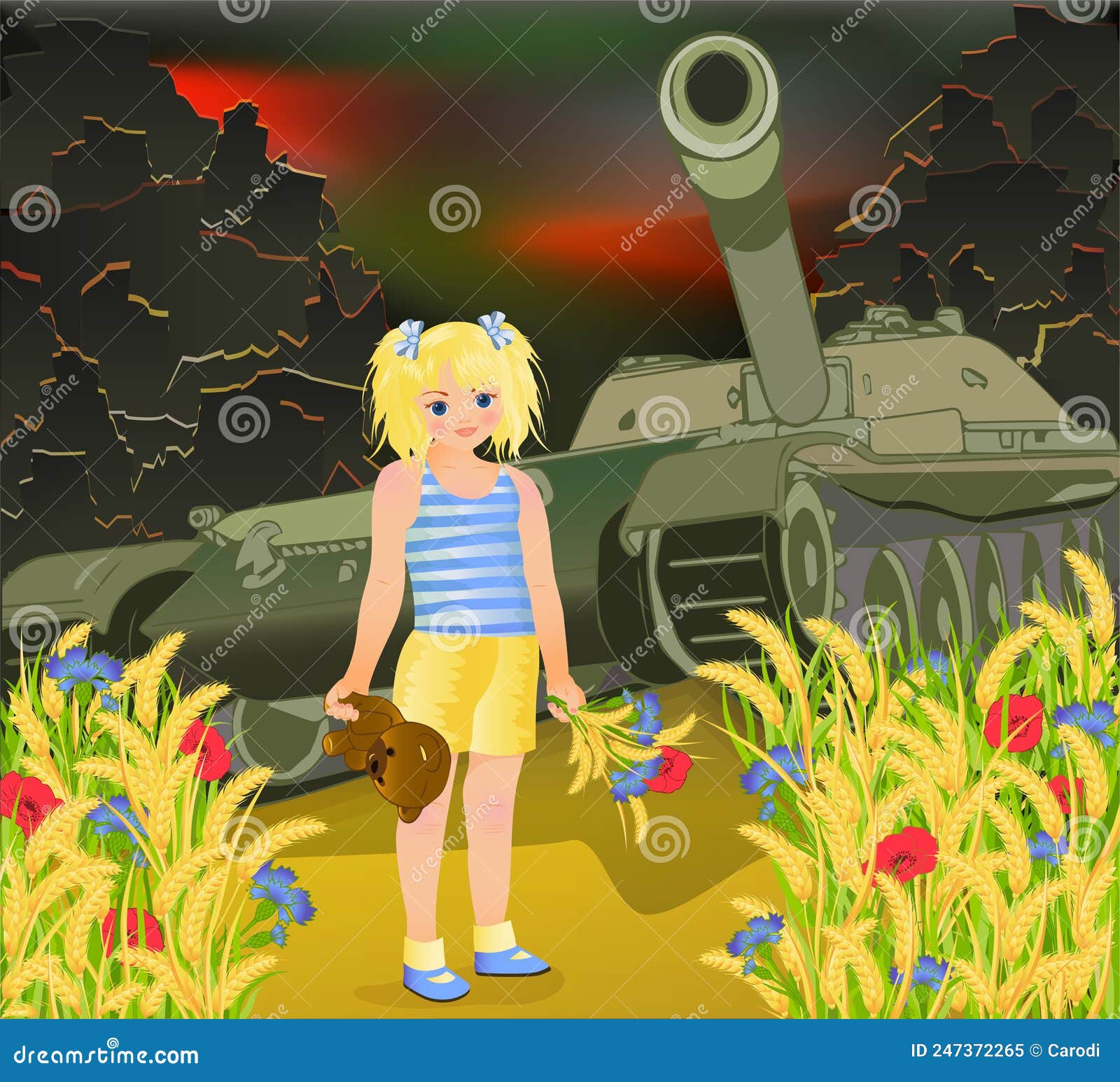 Stop War Card, Little Girl with Teddy Bear Stops a Military Tank Stock ...