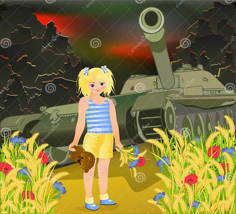 Stop War Card, Little Girl with Teddy Bear Stops a Military Tank Stock ...