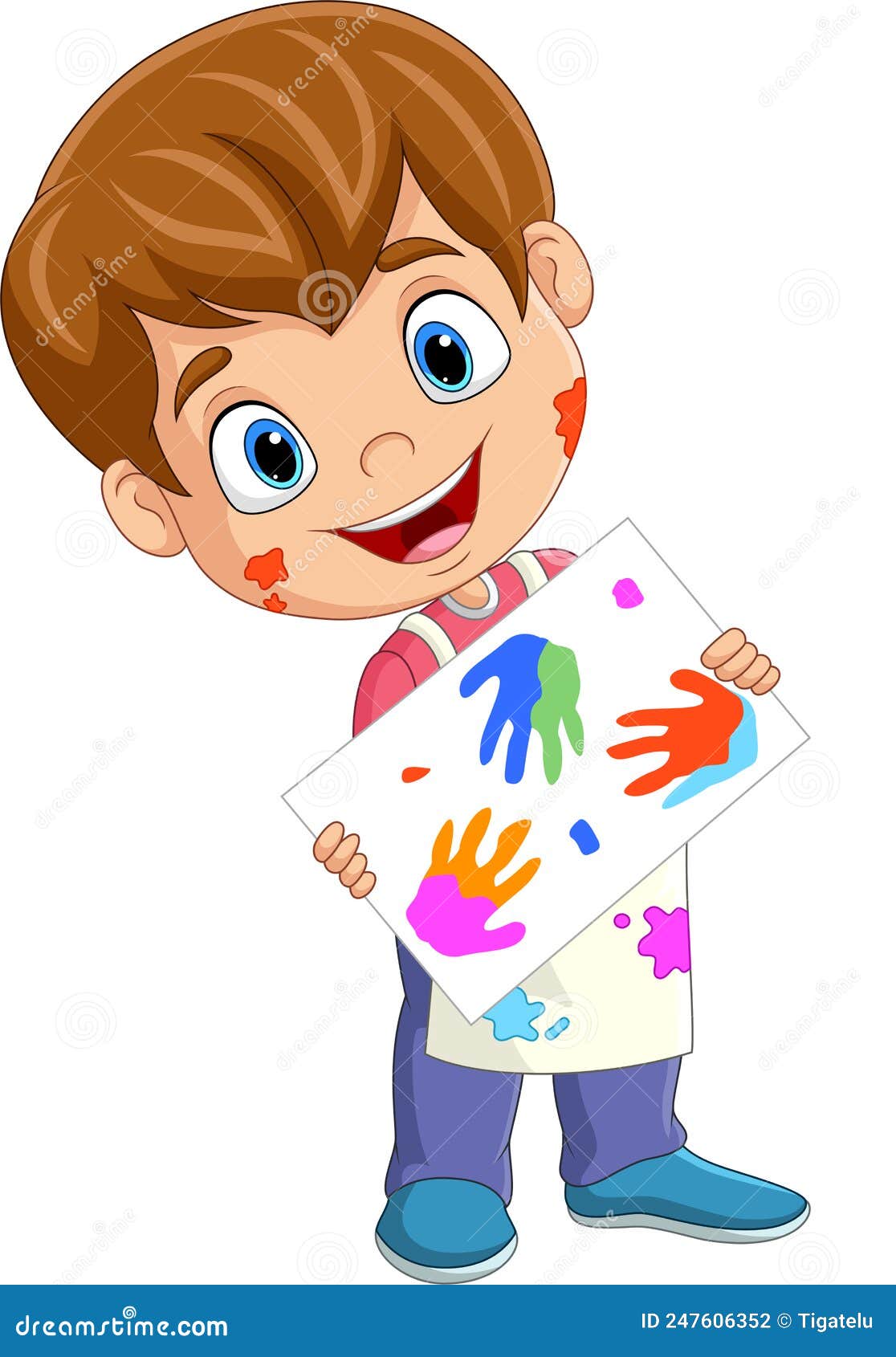 Cartoon Little Boy Painting with Colorful Handprints Stock Vector ...