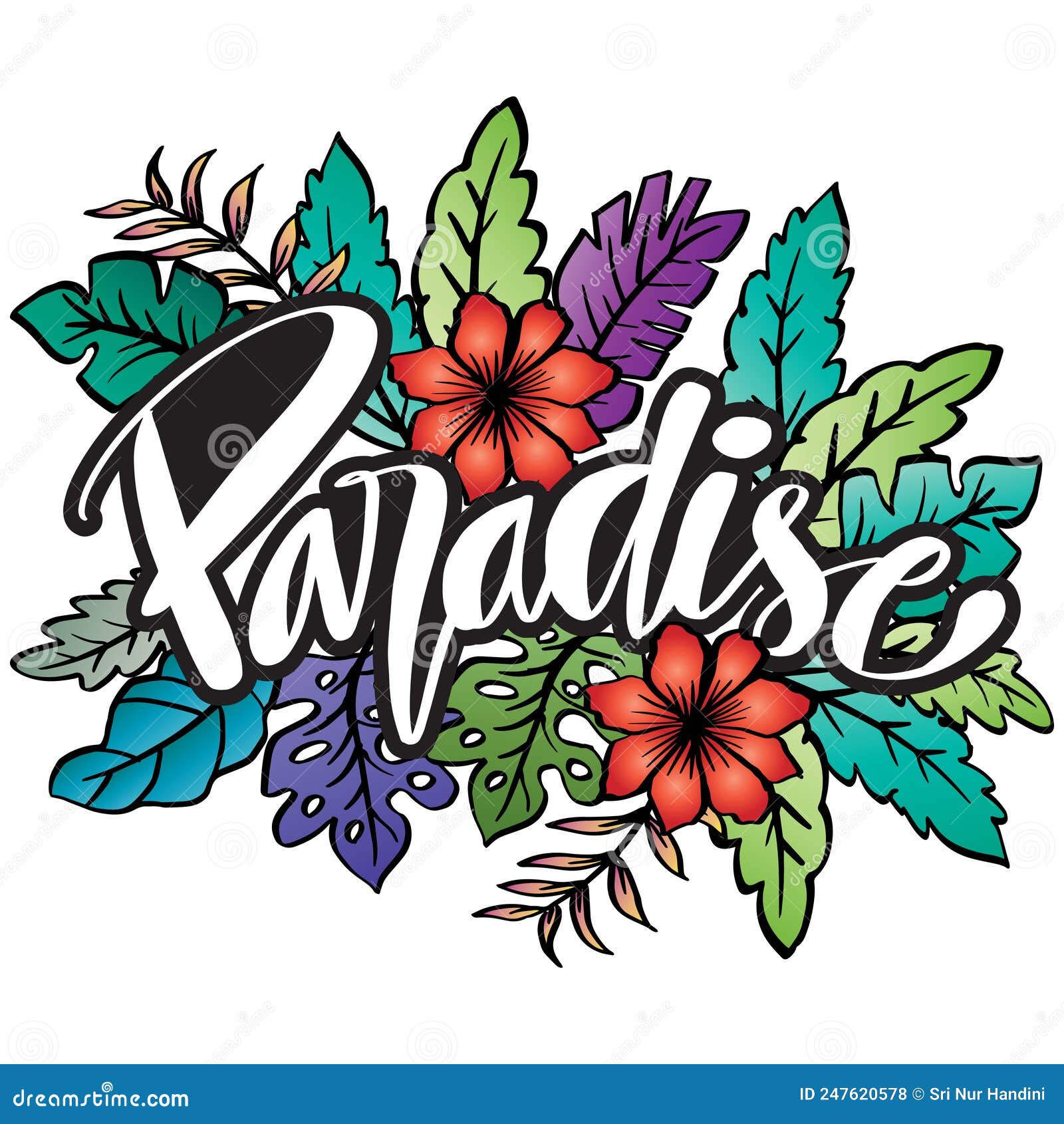 Paradise Hand Writing Lettering with Floral Background. Stock ...