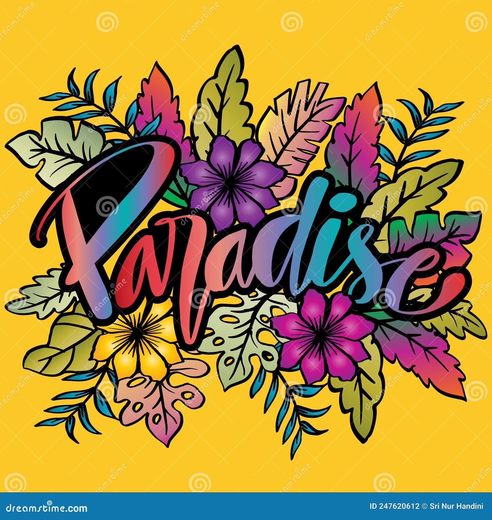 Paradise Hand Writing Lettering with Floral Background. Stock ...