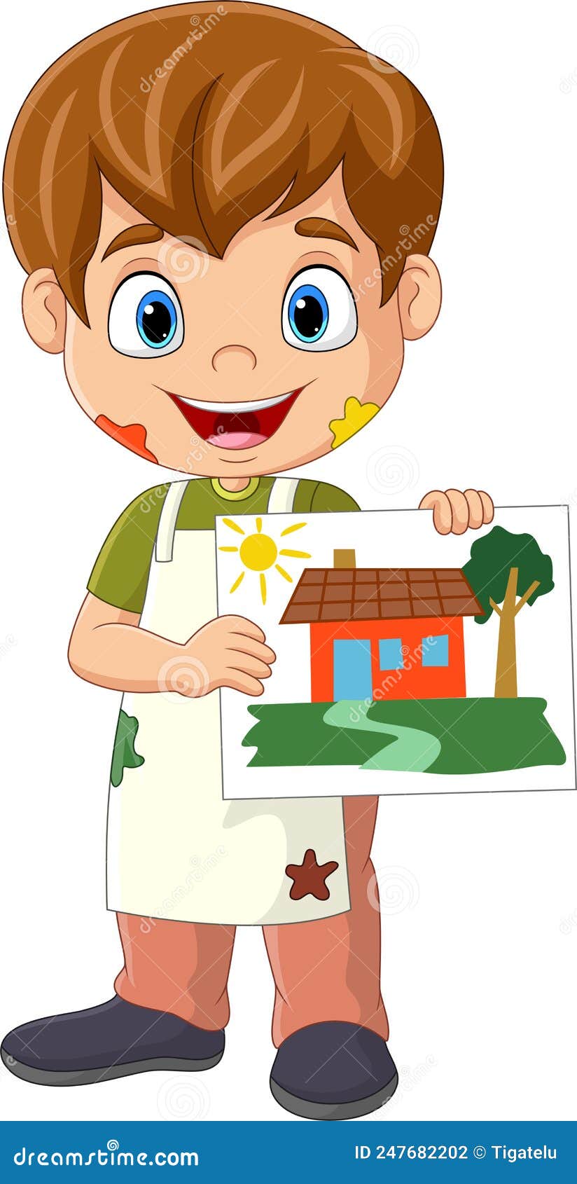 Cartoon Little Boy Drawing House on Paper Stock Vector - Illustration ...