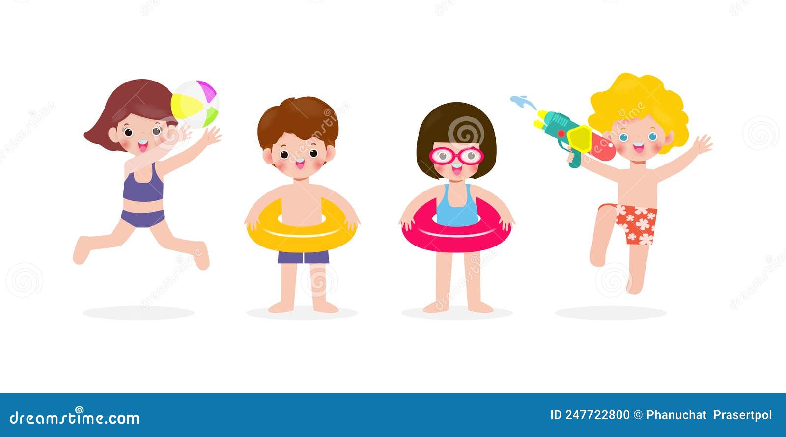 Set of Cute Kids Cartoon Pool Party Characters, Multiracial Children ...