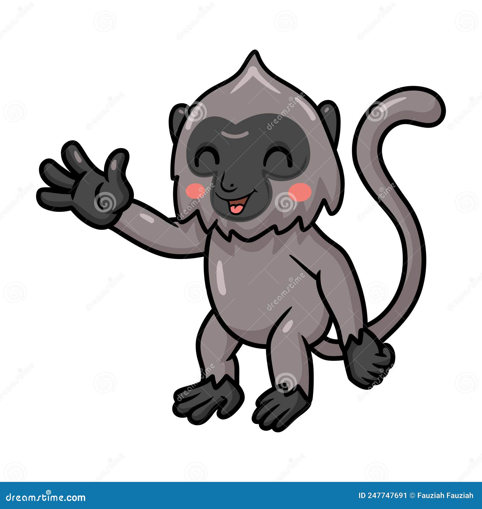 Cute Little Grey Langur Monkey Cartoon Waving Hand Stock Vector ...