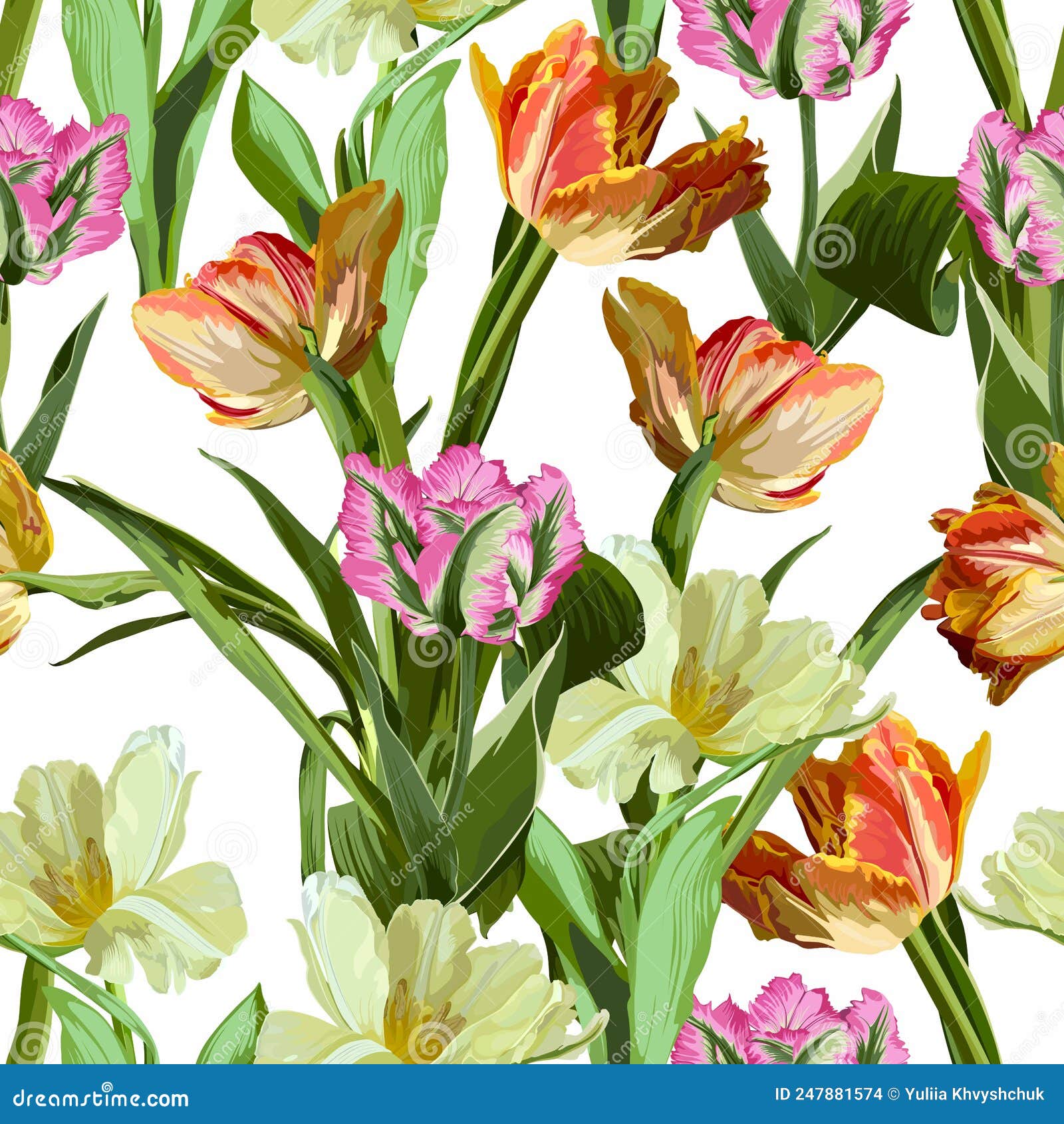Flowers of Spring Tulips on a White Background. Seamless Pattern Stock ...