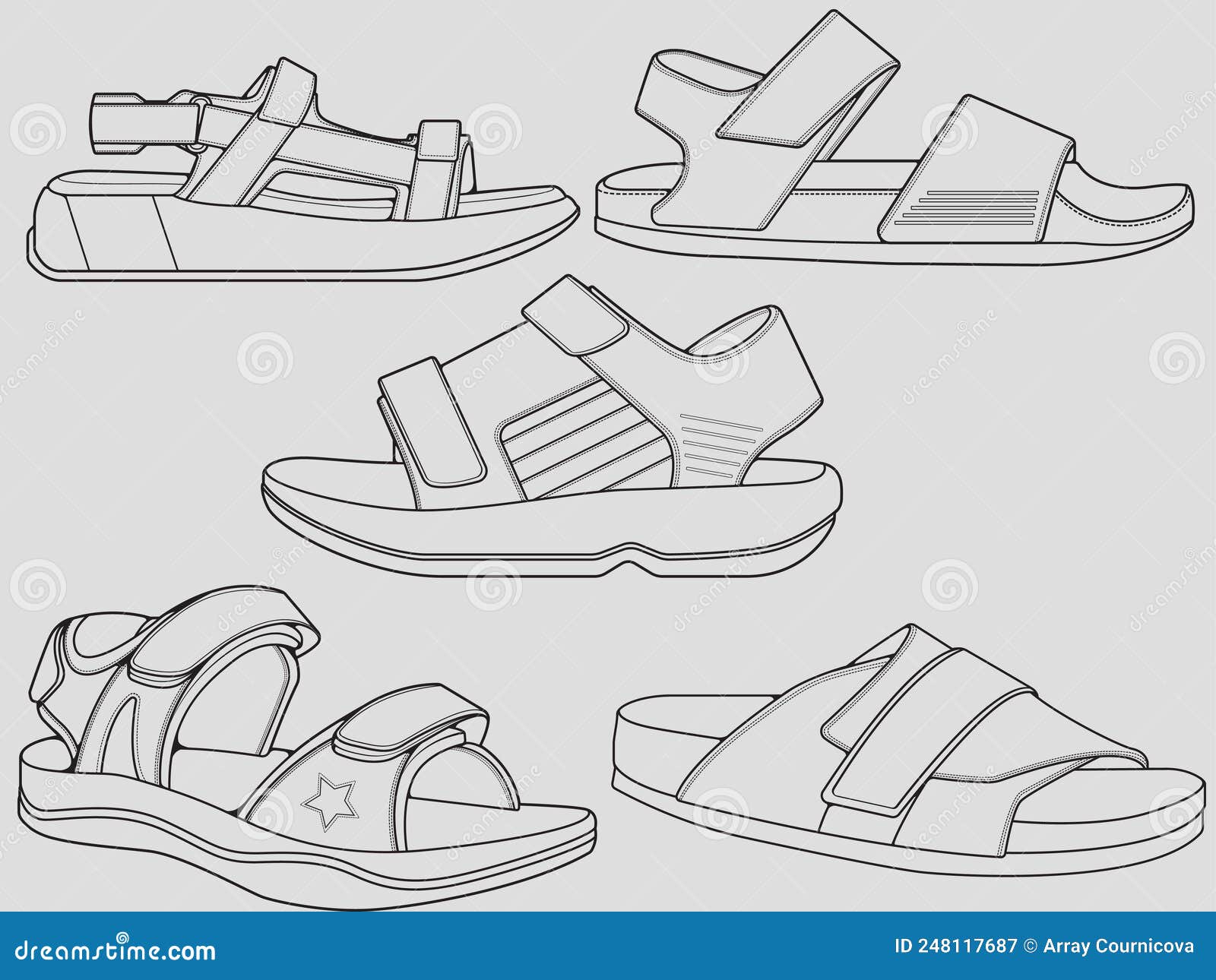Set of Outline Cool Strap Sandals. Strap Sandals Outline Drawing Vector ...