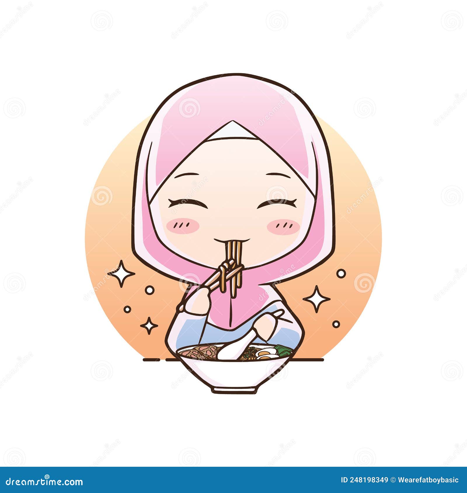 Cute Moslem Girl Eat Halal Ramen Noodles Food Hand Drawn Cartoon Art ...
