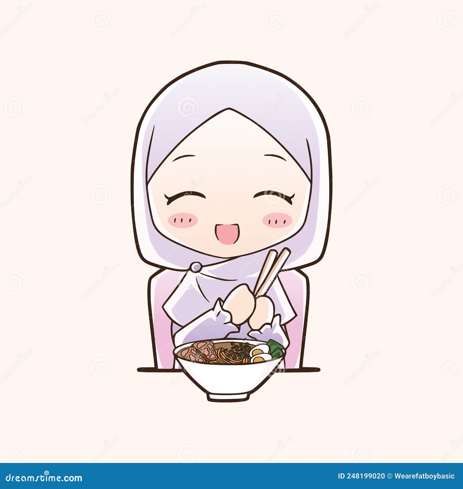 Cute Moslem Girl Eat Halal Ramen Noodles Food Hand Drawn Cartoon Art ...