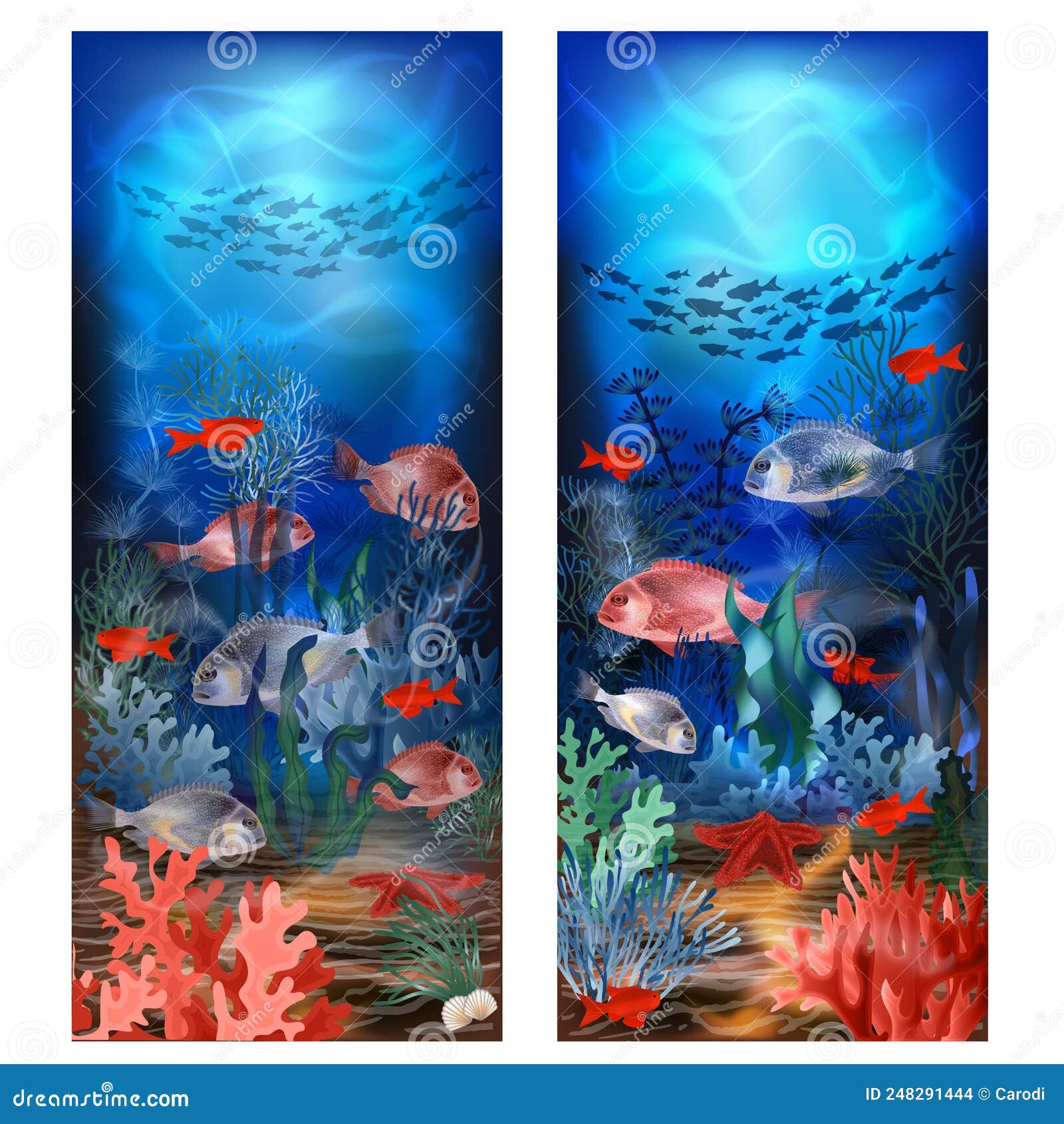 Underwater Banners with Coral Reef and Tropical Fish. Stock Vector ...