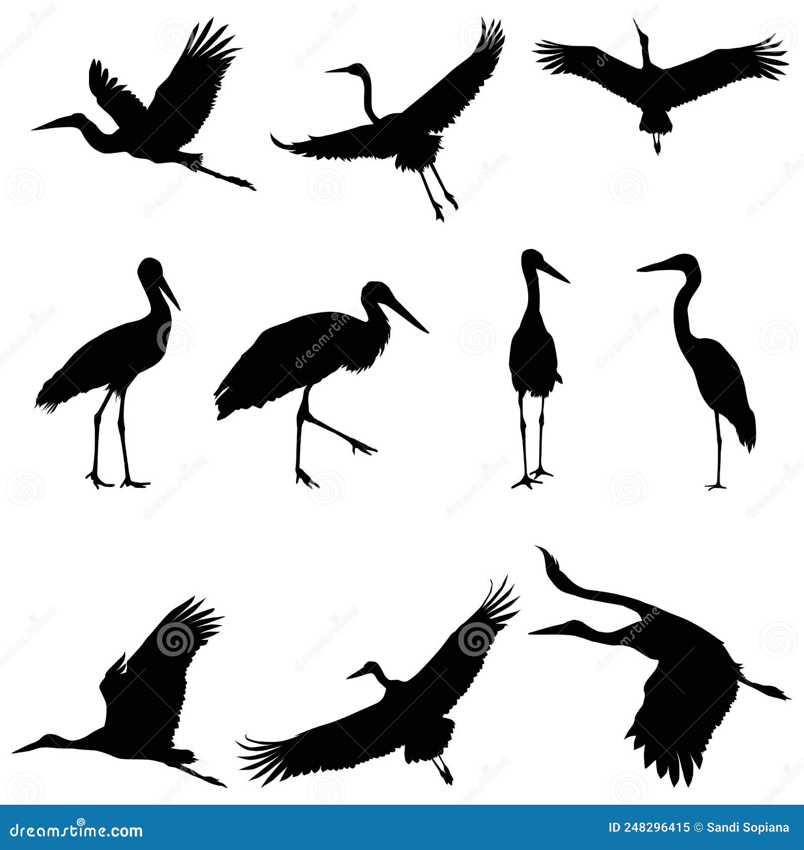 Silhouette or Shadow Black Ink Icons of Crane Birds or Herons Flying ...