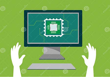 A Computer with a Microchip Drawing and User`s Hands. Editable Clip Art ...