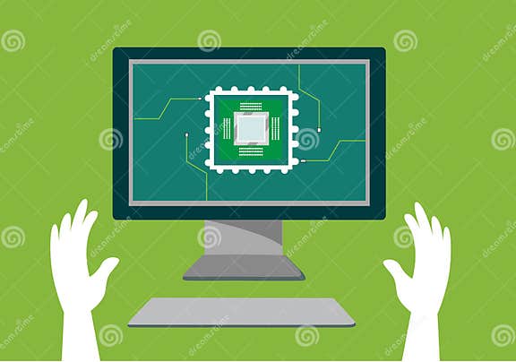 A Computer with a Microchip Drawing and User`s Hands. Editable Clip Art ...