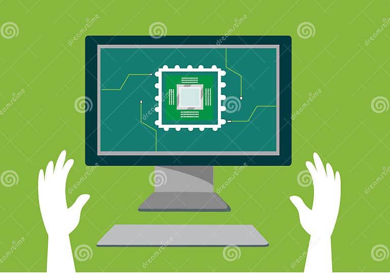 A Computer with a Microchip Drawing and User`s Hands. Editable Clip Art ...