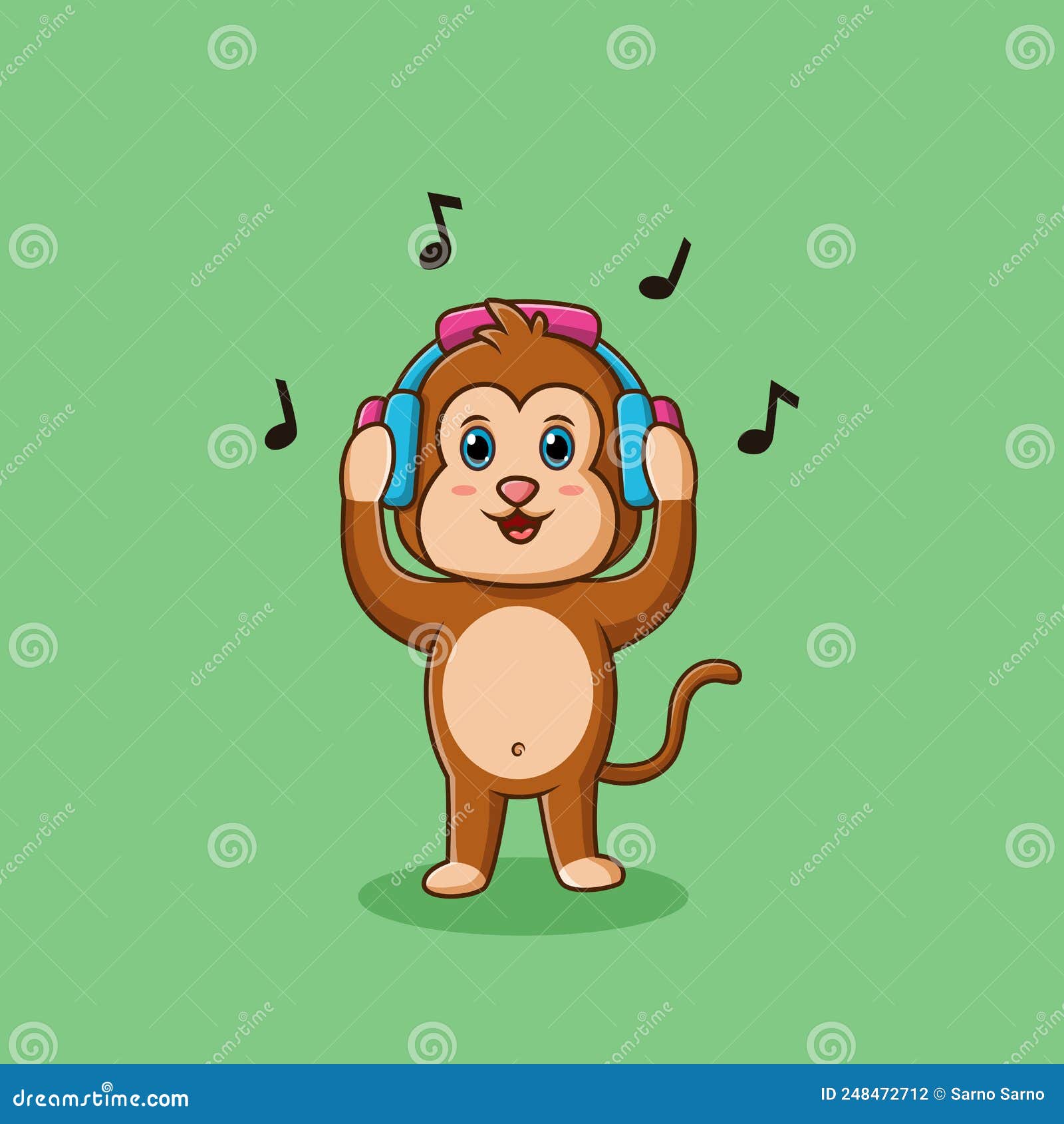 Funny Monkey Listening To Music. Chimpanzee Cartoon Character Isolated ...